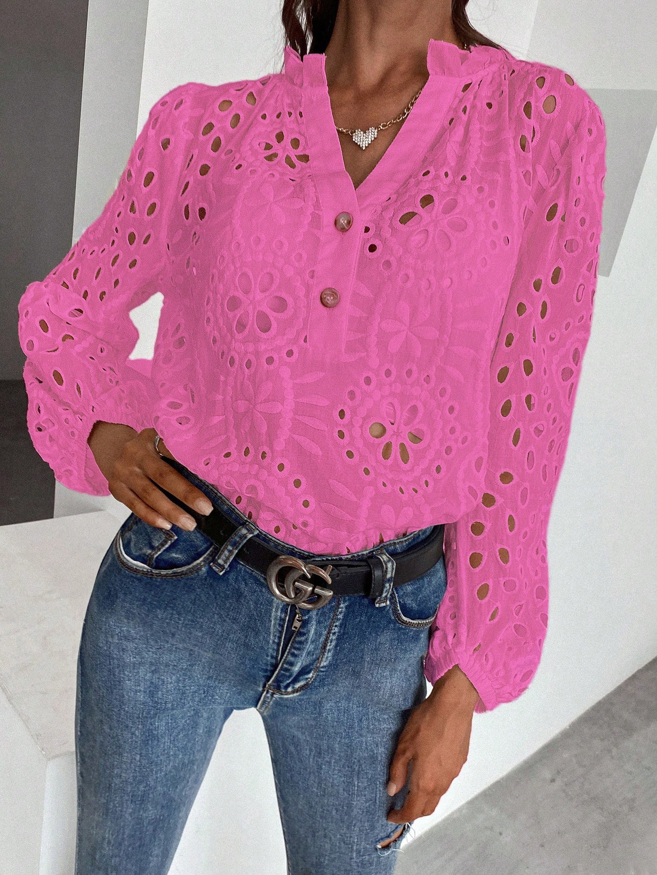 SHEIN VCAY Blusa con bordado con ojal con botón delantero de manga farol | Moda de Mujer | SHEIN ...