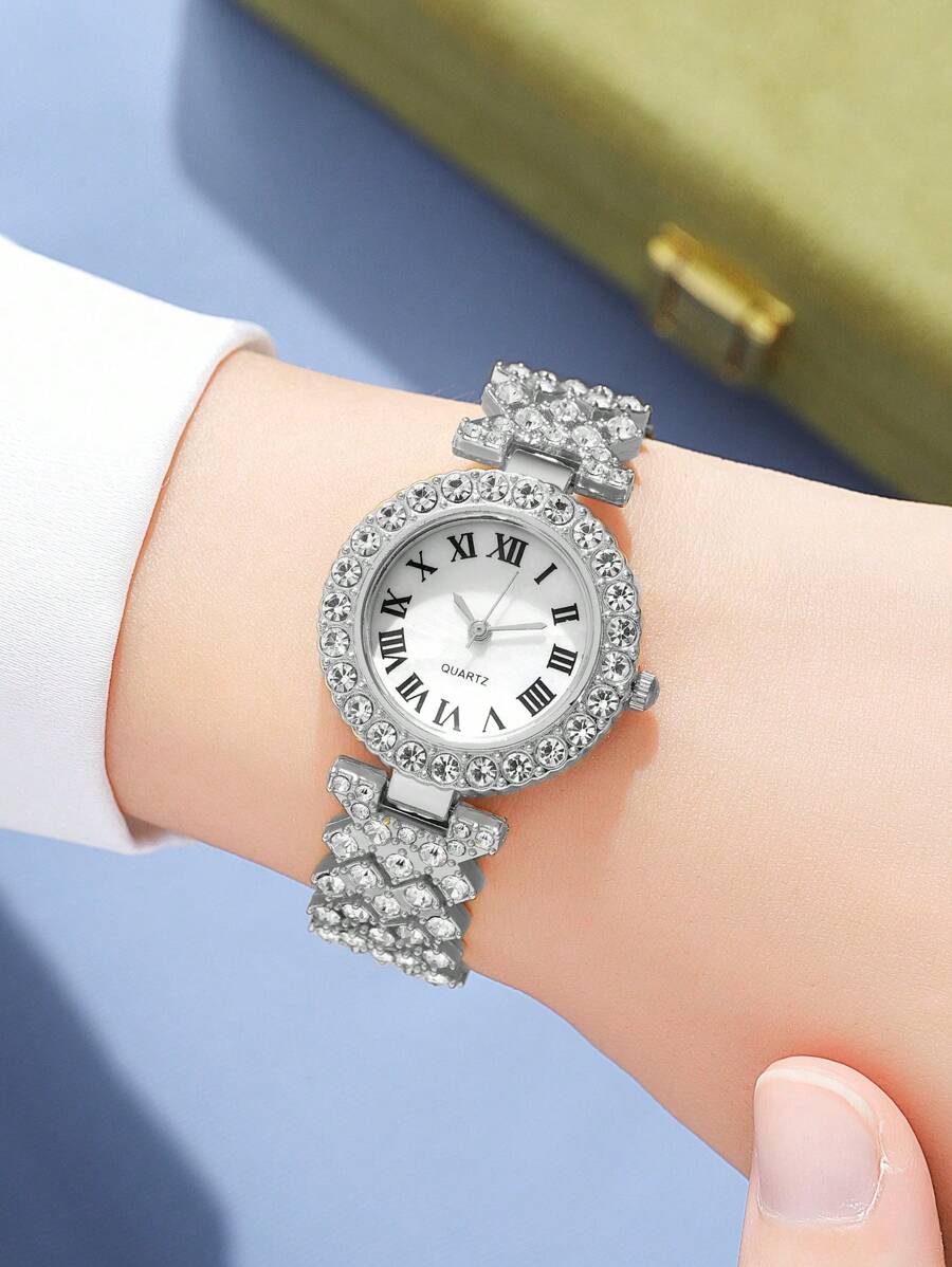 1pc Ladies Watch Women Silver Zinc Alloy Strap Glamorous Rhinestone ...