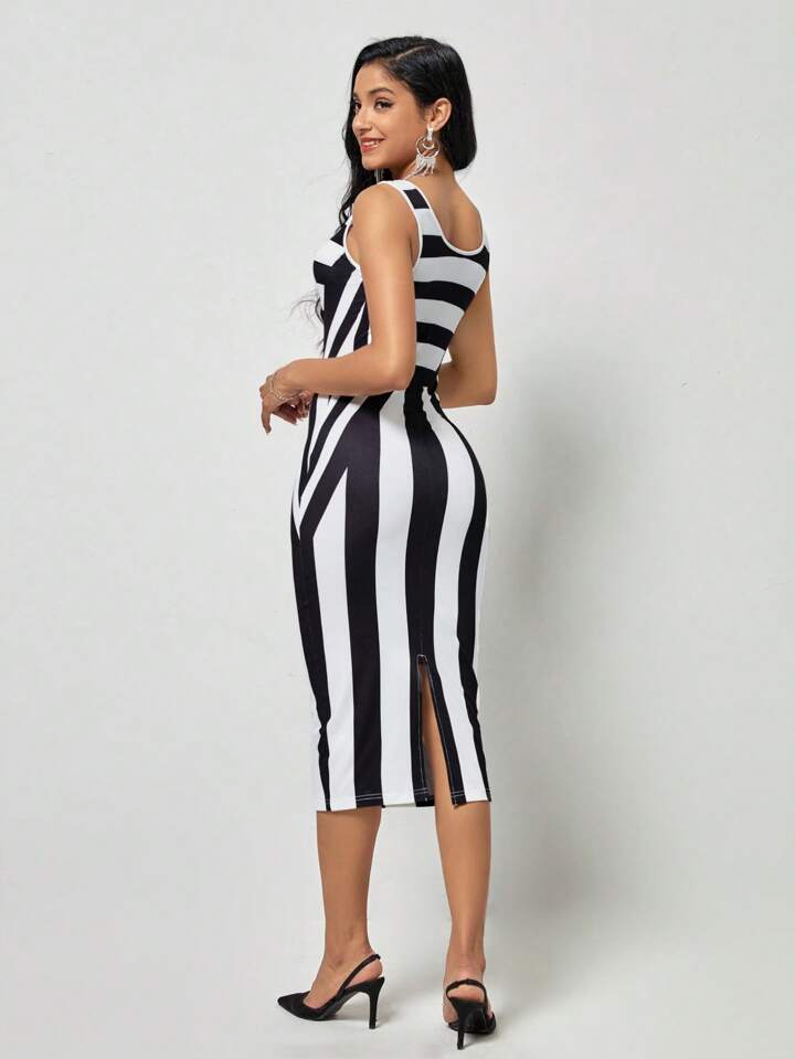 Black And White Vertical Striped Bodycon Dress