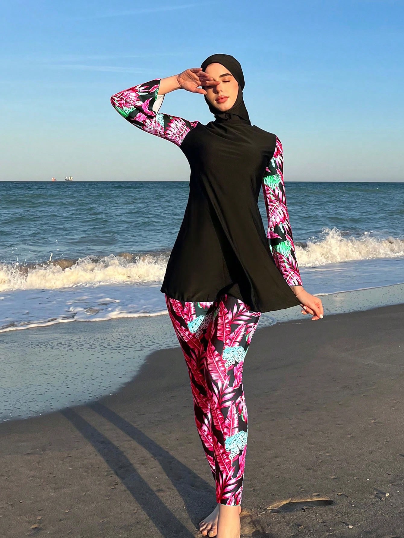 SHEIN Swim Mulvari Tropical Print High Neck Burkini Swimsuit With Hat ...