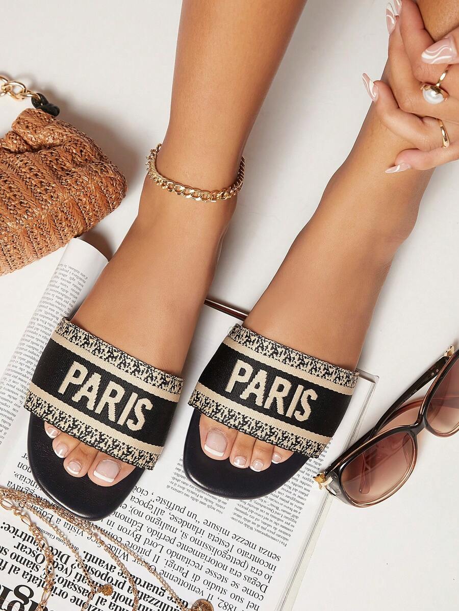 SHEIN SHUZIA Women's Elegant Slip On Paris Embroidered Flat Sandals New ...