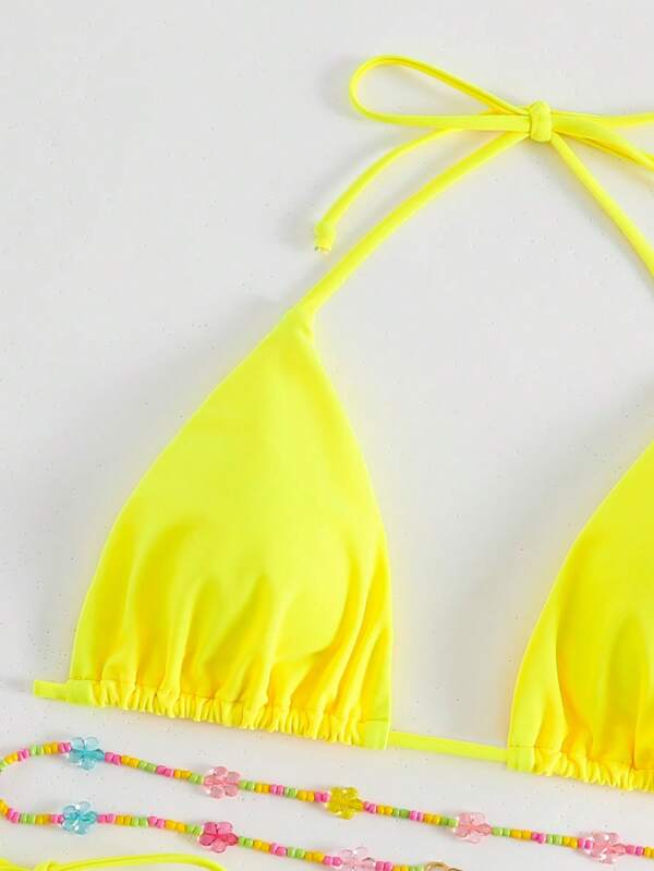 Shein Swim Basics Solid Beaded Halter Triangle Tie Side Bikini Swimsuit