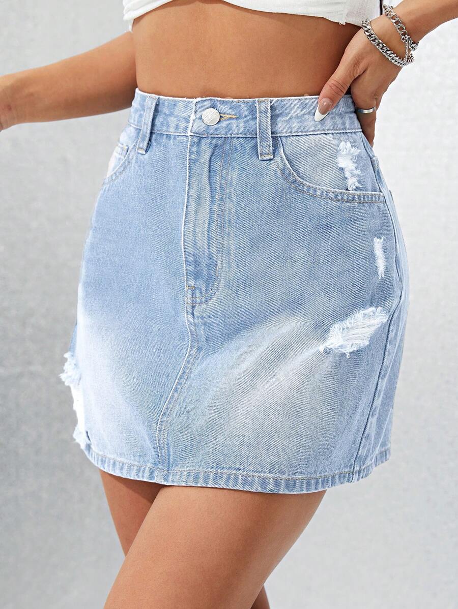 High Waist Ripped Denim Skirt | SHEIN USA
