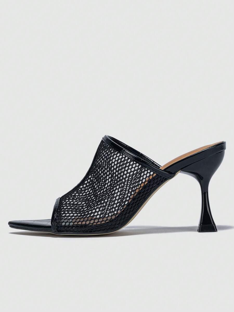 Women Crocodile Embossed Pyramid Heeled Sandals, Elegant Black Mesh ...