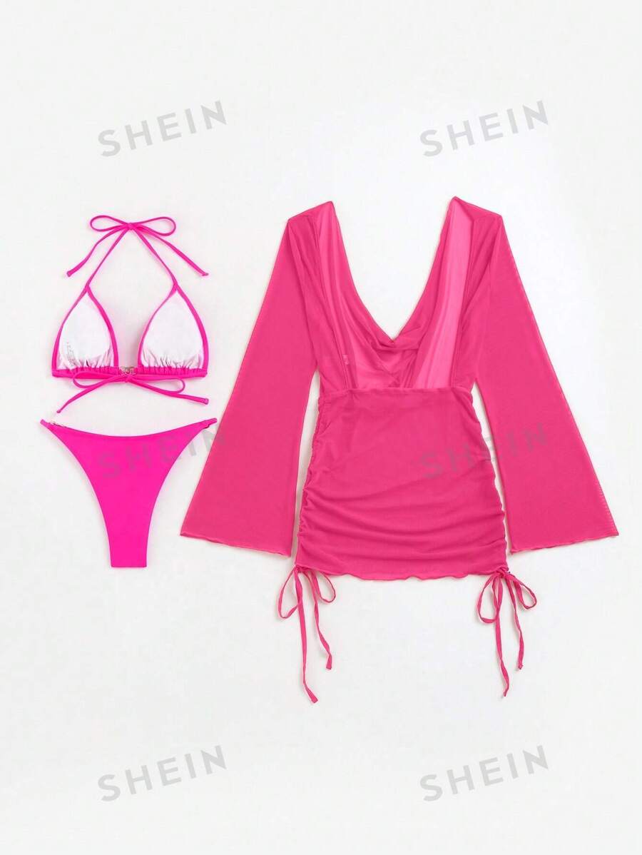 Shein Swim Bae Solid Halter Triangle Bikini Swimsuit With Cover Up