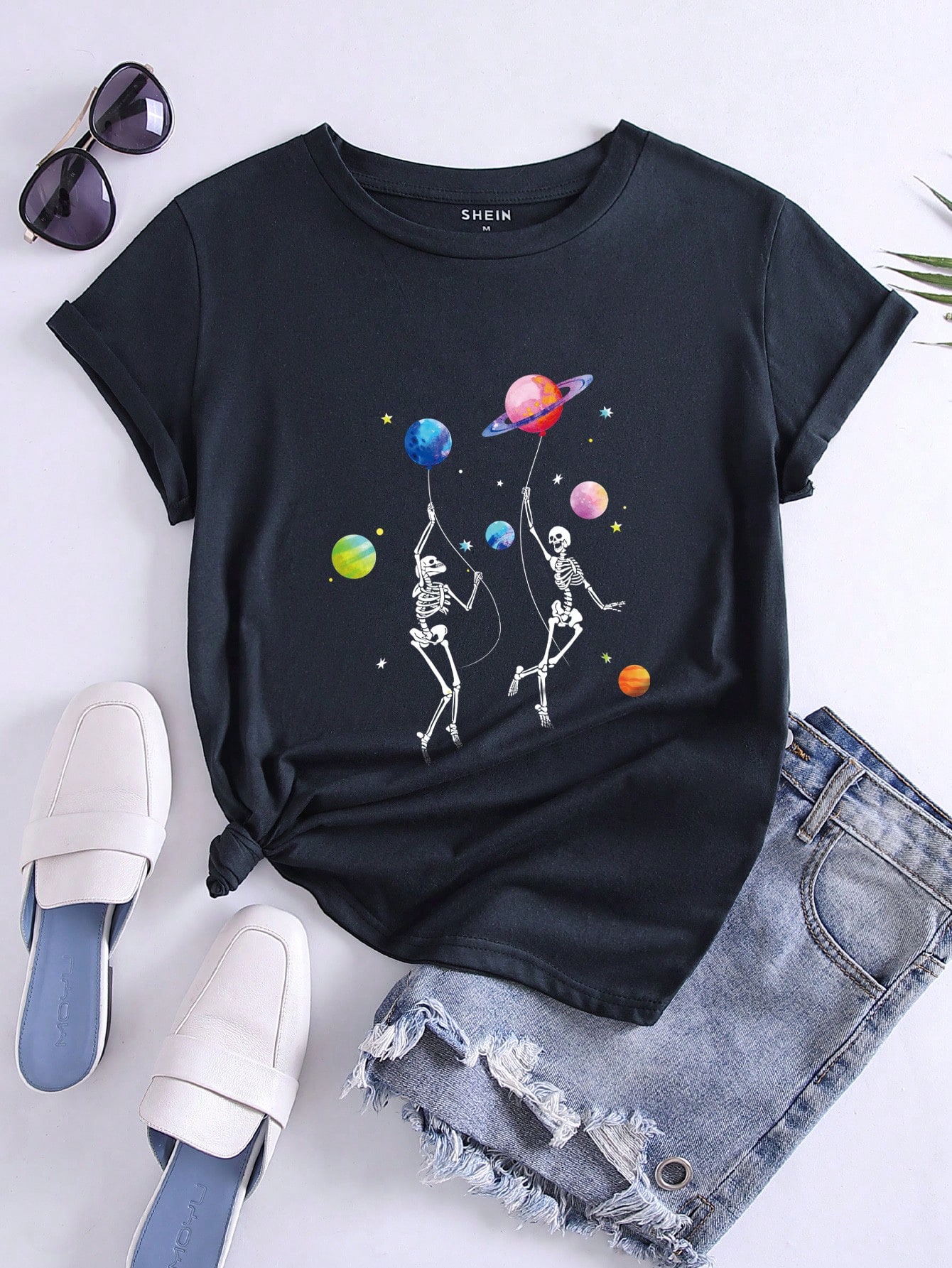 SHEIN LUNE Planet And Skeleton Print Tee | SHEIN USA