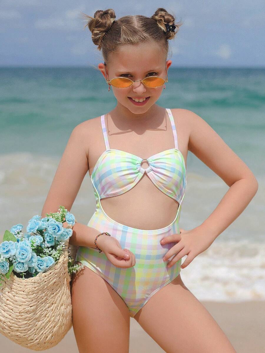 Girls Plaid Print Cut Out Ring Linked One Piece Swimsuit Shein Usa
