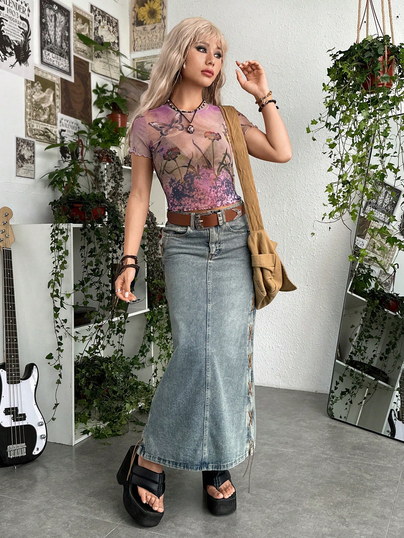 Romwe Punk Grunge Floral And Butterfly Print Lettuce Trim Mesh Top
