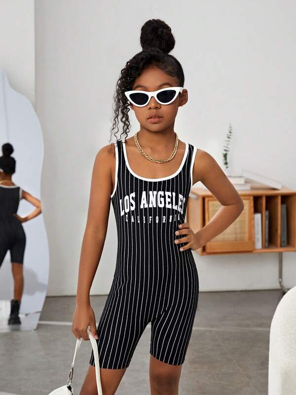 SHEIN Girls Striped & Letter Graphic Contrast Binding Unitard Romper ...