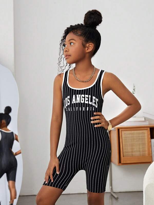 SHEIN Girls Striped & Letter Graphic Contrast Binding Unitard Romper ...