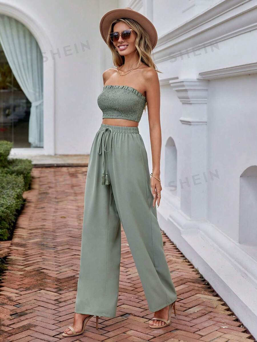 SHEIN VCAY Sping Solid Tube Top & Tie Front Pants Two Piece Set | SHEIN USA