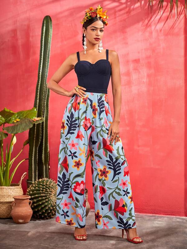 Frida Kahlo X Shein X Designer The Lofty Mom Floral Print Wide Leg Cami