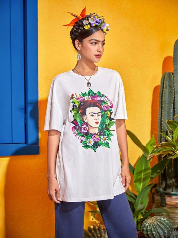 Frida Kahlo X SHEIN X Designer SHEIN X PANUCO Floral & Figure Graphic ...
