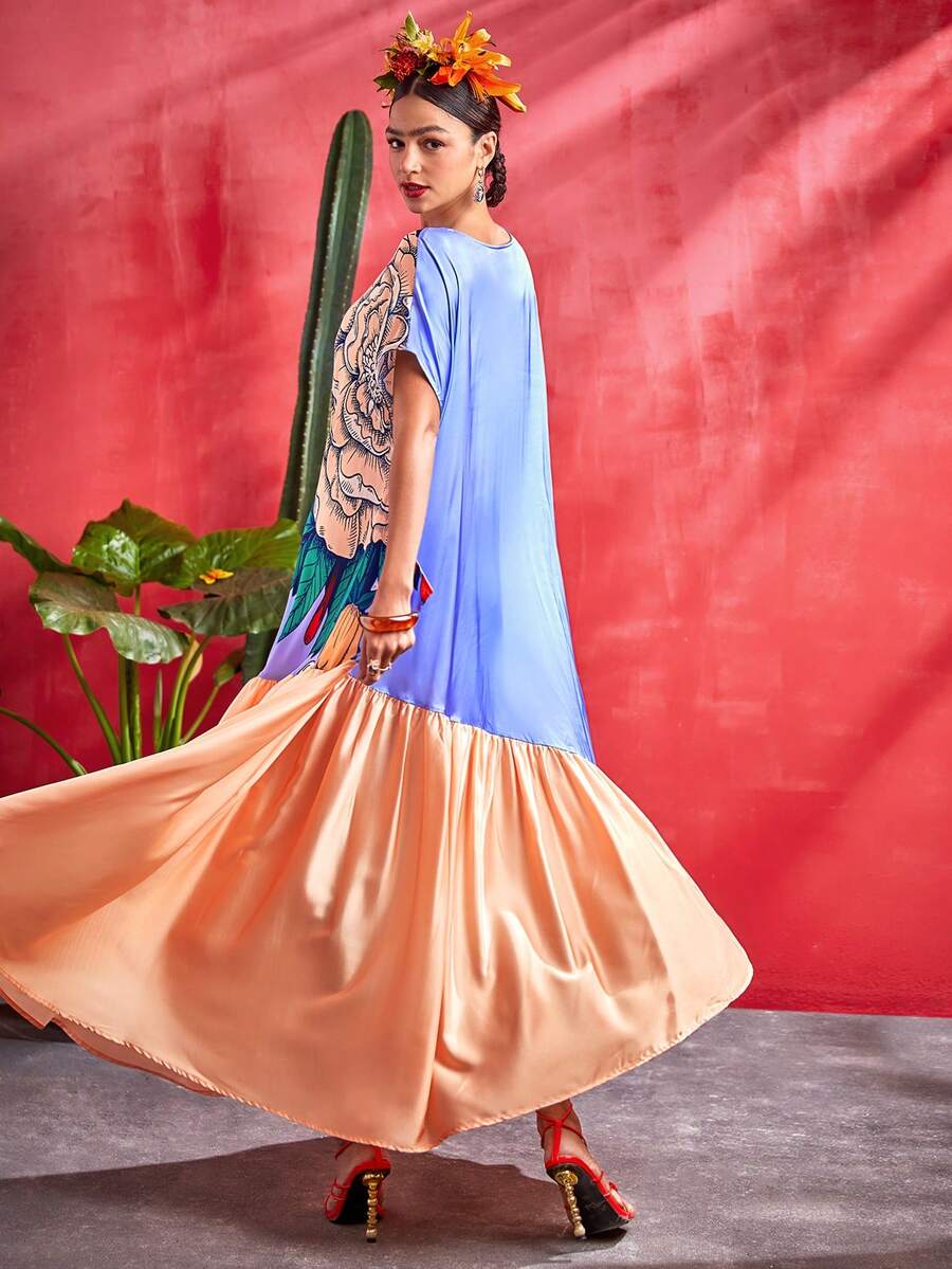 Frida Kahlo X SHEIN X Designer Pompi García Floral Print Batwing Sleeve ...