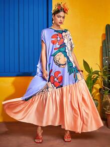 Frida Kahlo X SHEIN X Designer Pompi García Floral Print Batwing Sleeve Ruffle Hem Dress | SHEIN USA