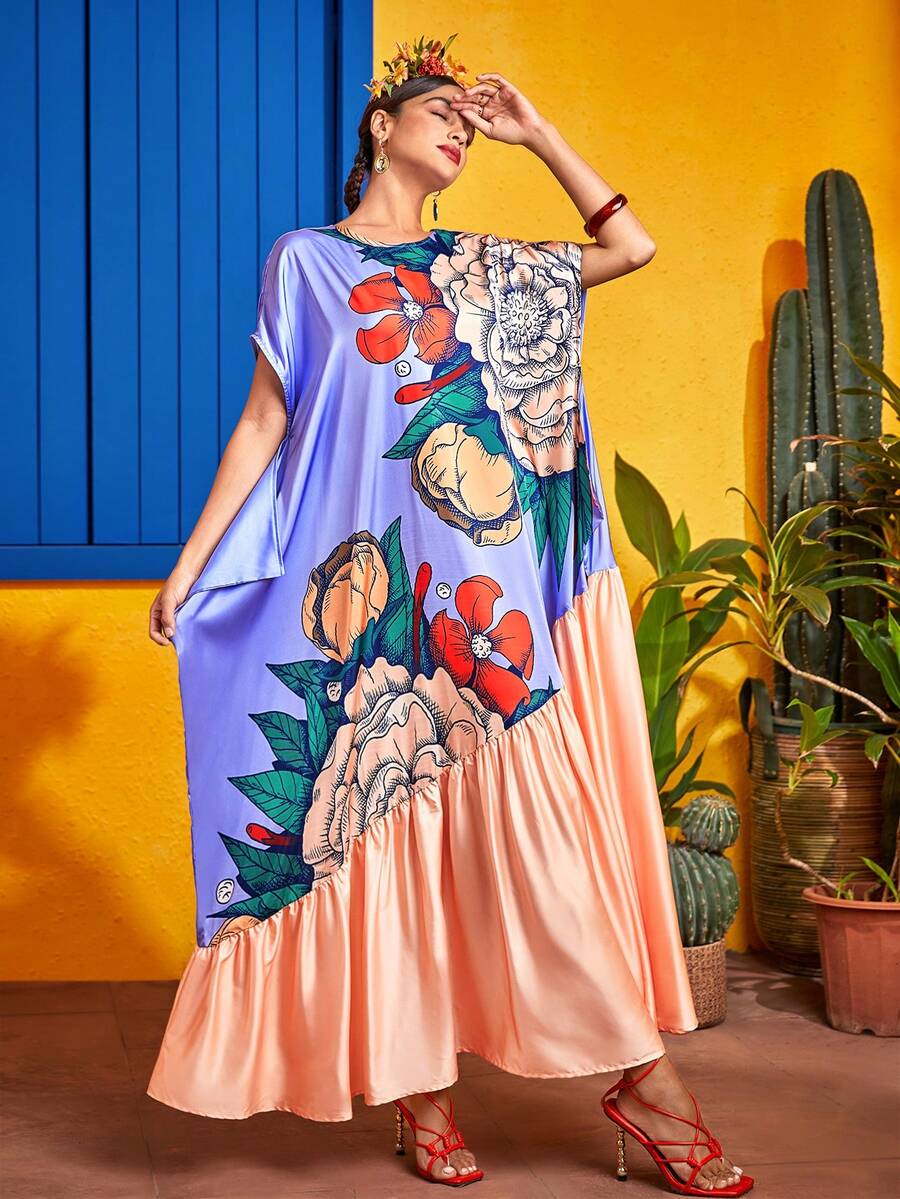 Frida Kahlo X SHEIN X Designer Pompi García Floral Print Batwing Sleeve ...