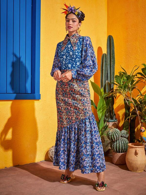 Frida Kahlo X Shein X Designer Pompi García Floral Print Ruffle Hem