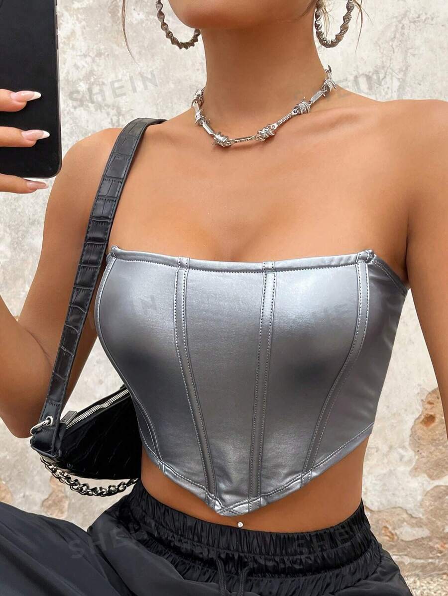 Shein X Doris Jocelyn Shein Icon Solid Pu Leather Hanky Hem Tube Silver