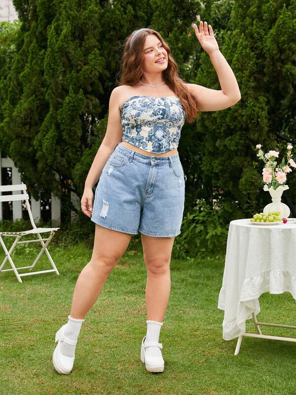 SHEIN MOD Plus Figure & Floral Print Tube Top | SHEIN USA