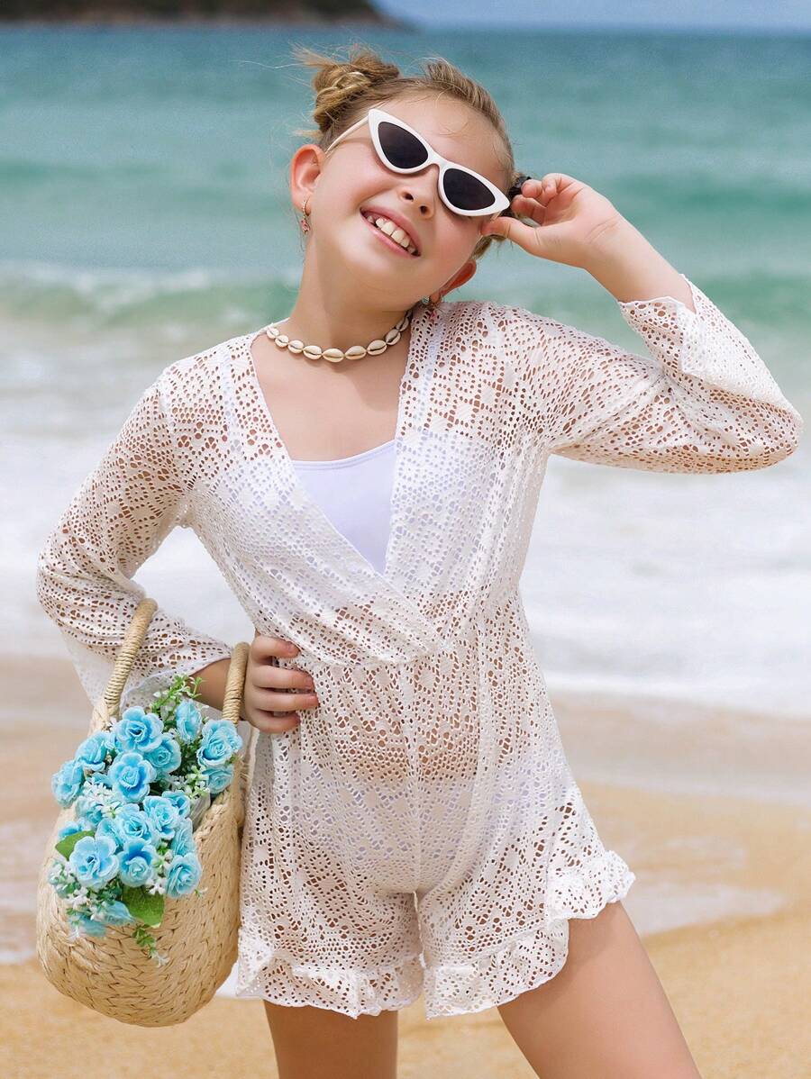 Tween Girl Solid Hollow Out Surplice Neck Ruffle Hem Cover Up Romper ...