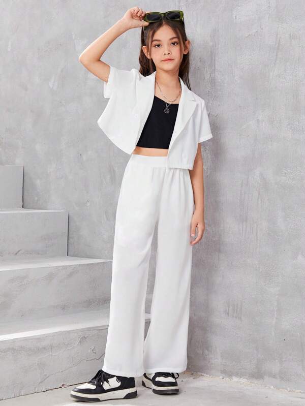 SHEIN Kids KDOMO Girls Lapel Neck Crop Shirt & Wide Leg Trousers ...