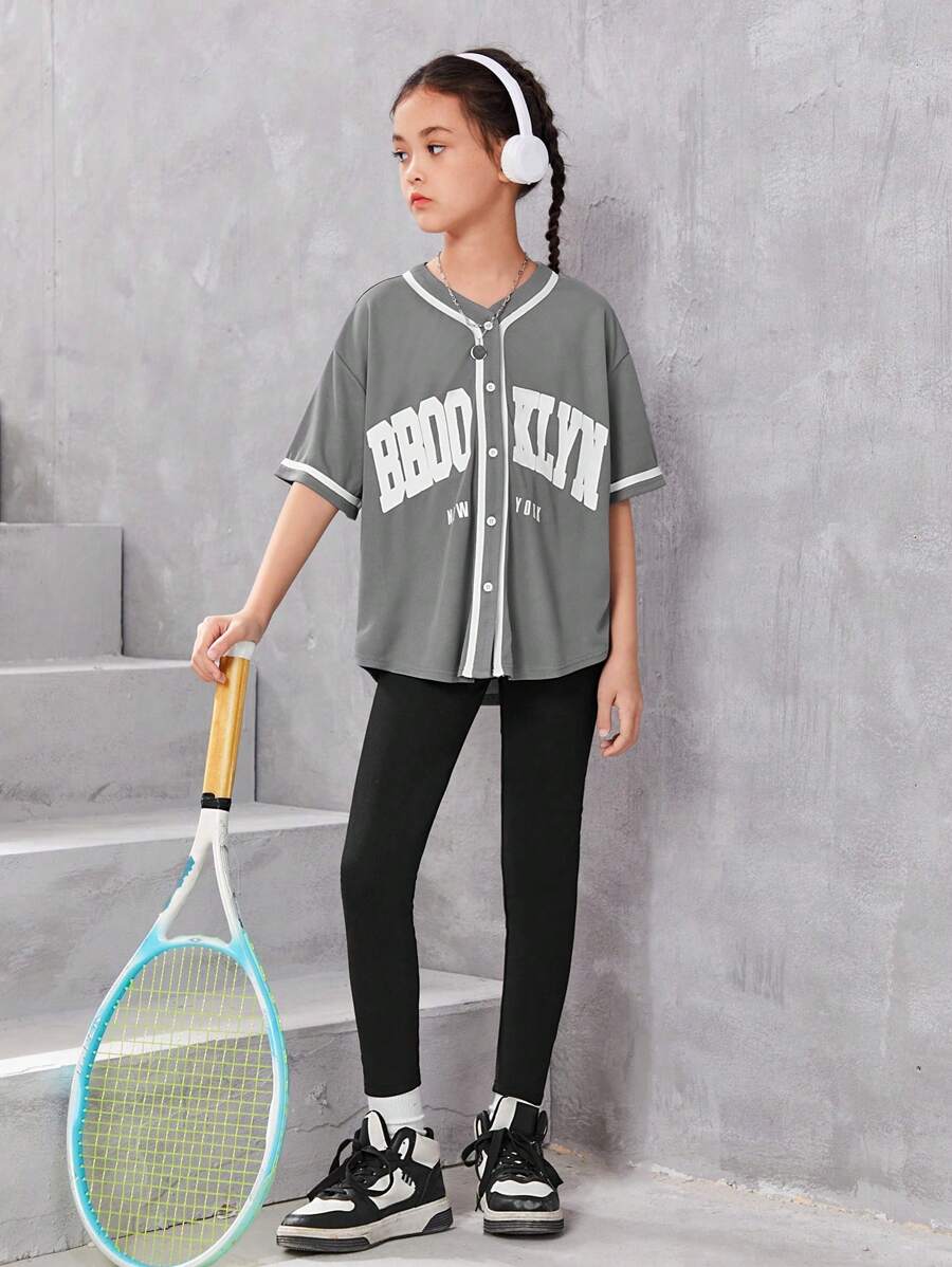 SHEIN Tween Girl'S Woven Letter Pattern Casual Baseball Shirt | SHEIN USA
