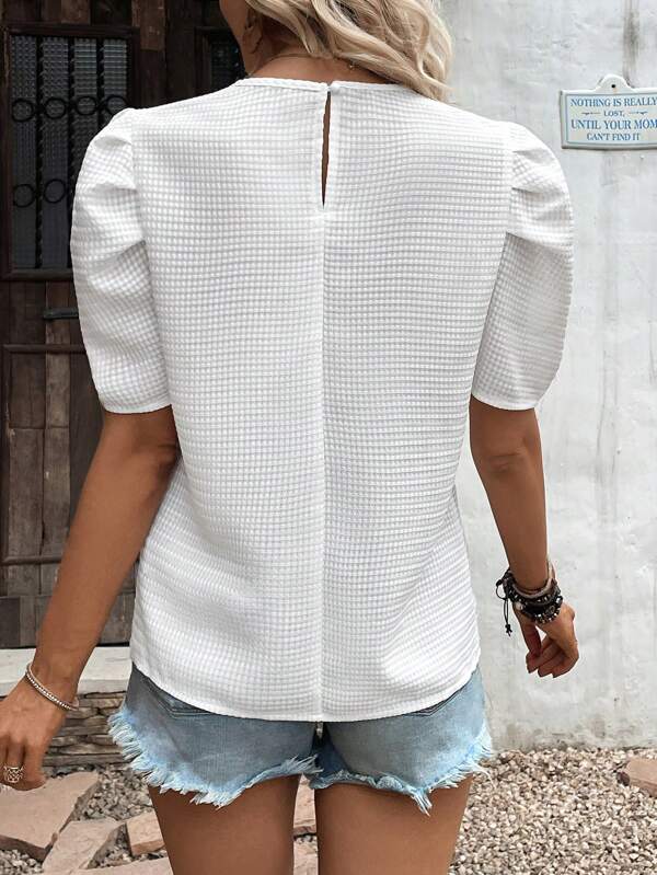 Shein Lune Blouse Unicolore Manches Bouffantes Trou De Serrure Retour