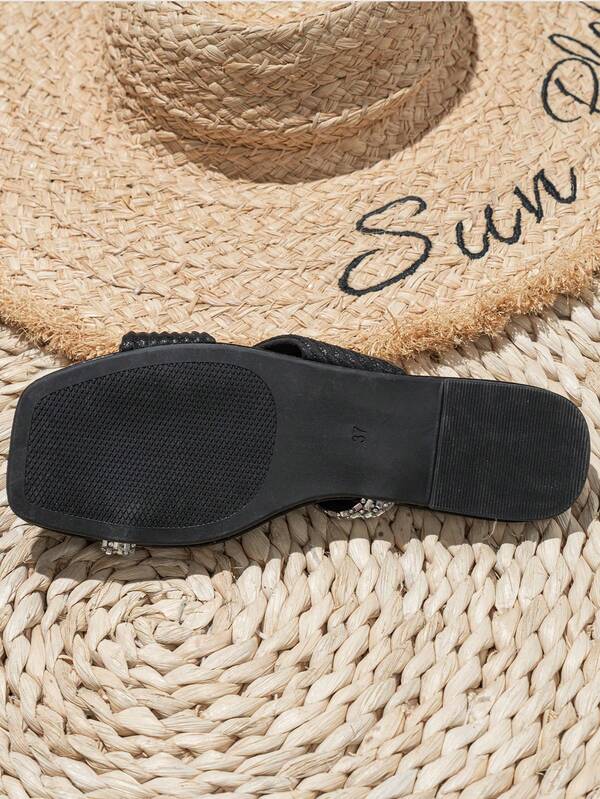 Women Rhinestone Decor Twist Detail Flat Sandals, Glamorous Black Satin ...