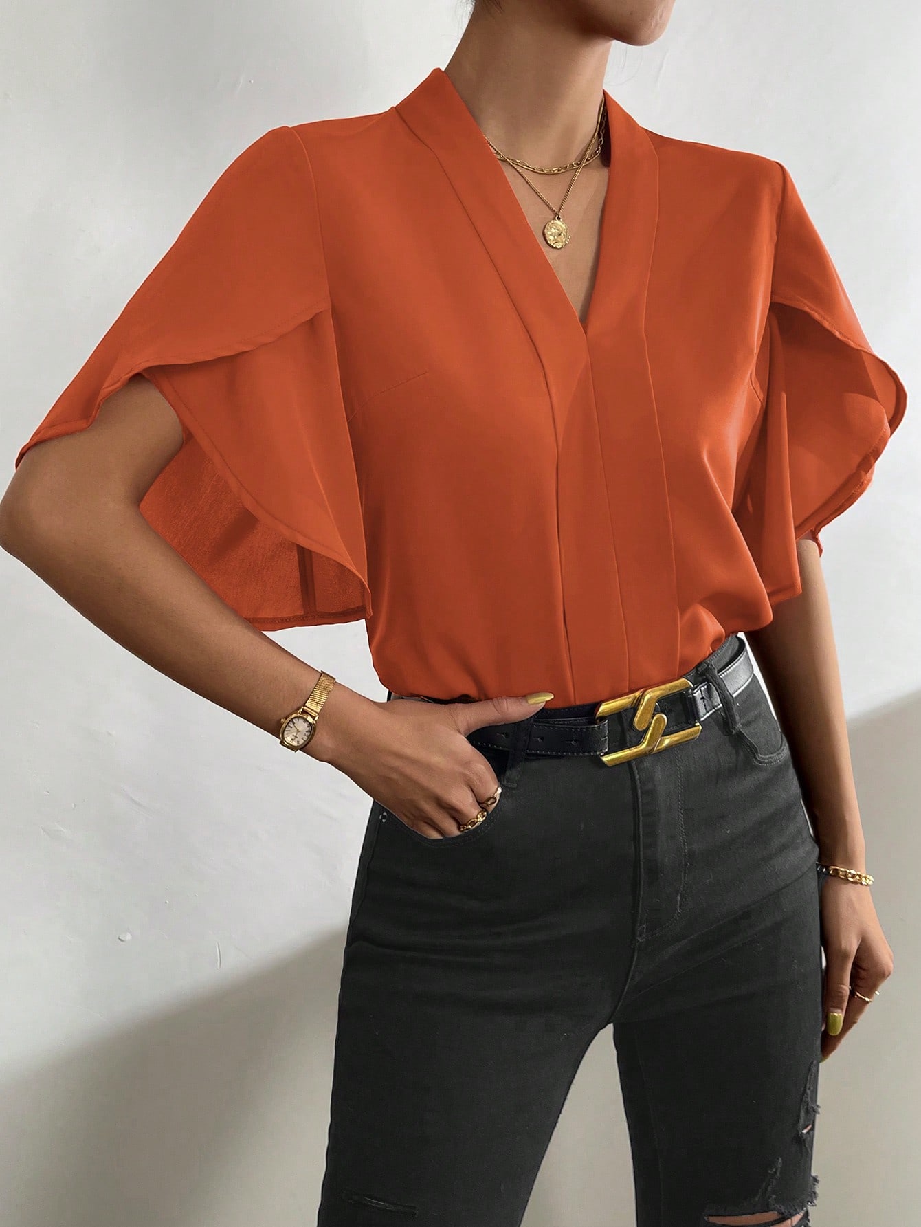 SHEIN Privé Solid Petal Sleeve V Neck Blouse | SHEIN USA