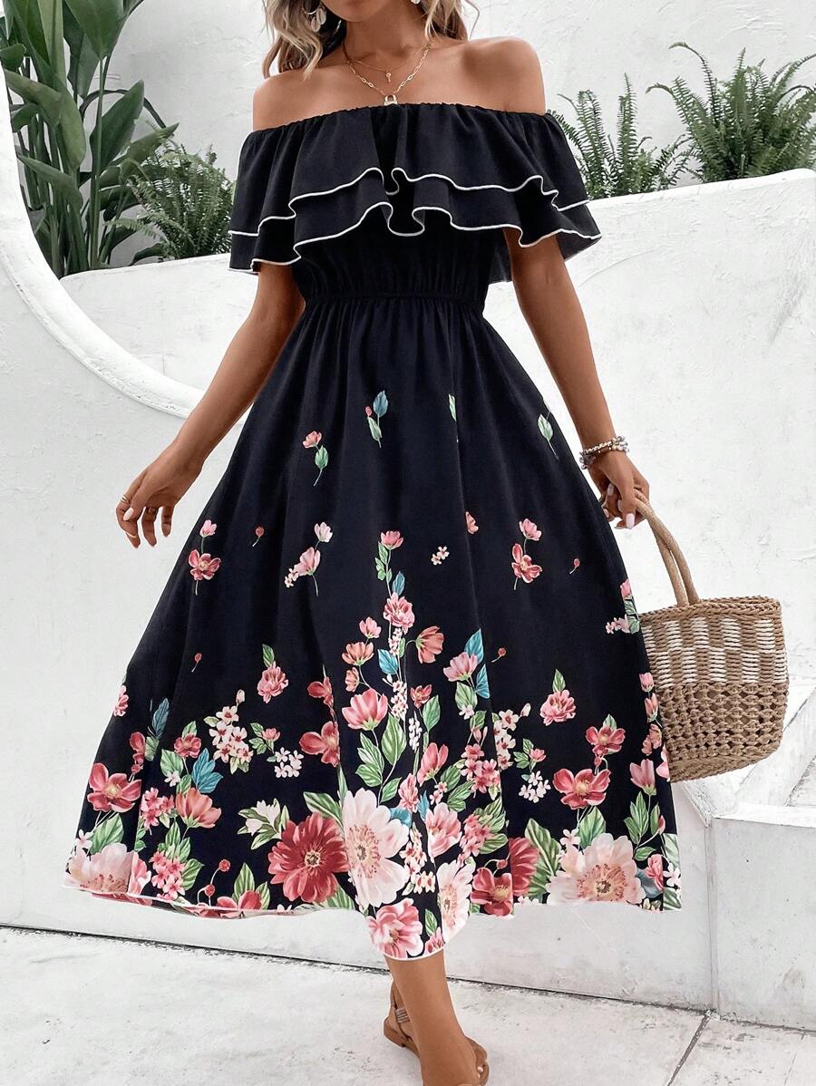 Breezaya Floral Print Off Shoulder Ruffle Trim Dress Maxi Vacation Beach Outfits Women | SHEIN USA