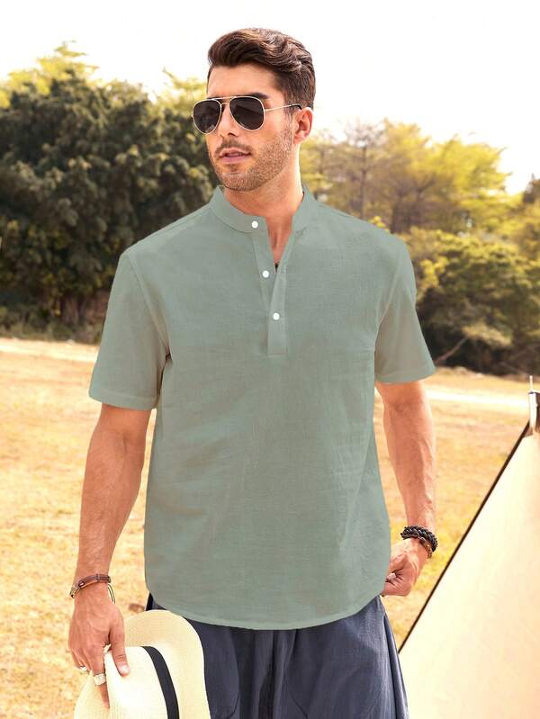 Manfinity Basics Men Cotton Solid Half Button Shirt | SHEIN USA