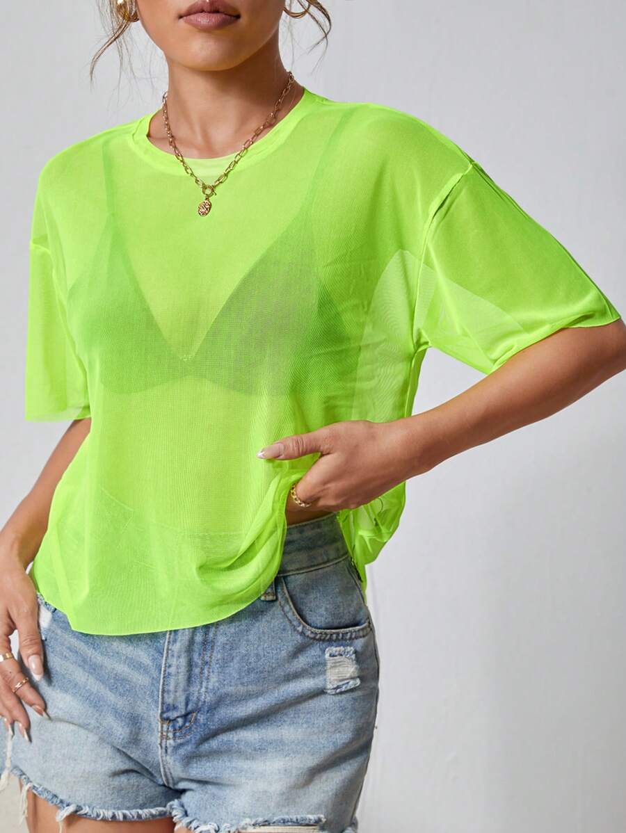 SHEIN PETITE Drop Shoulder Sheer Mesh Top Without Bra | SHEIN USA