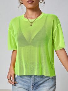 SHEIN PETITE Drop Shoulder Sheer Mesh Top Without Bra | SHEIN USA