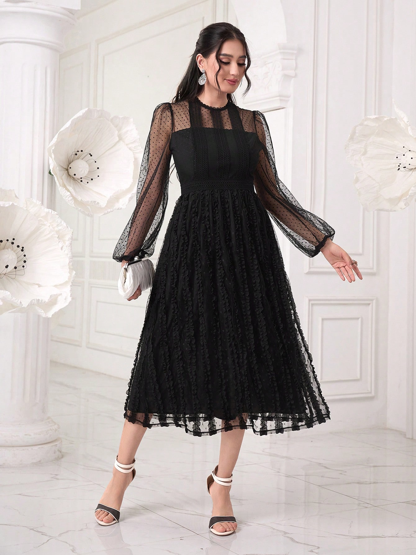 Shein Modely Contrast Mesh Lantern Sleeve Mesh Overlay Dress Shein Usa