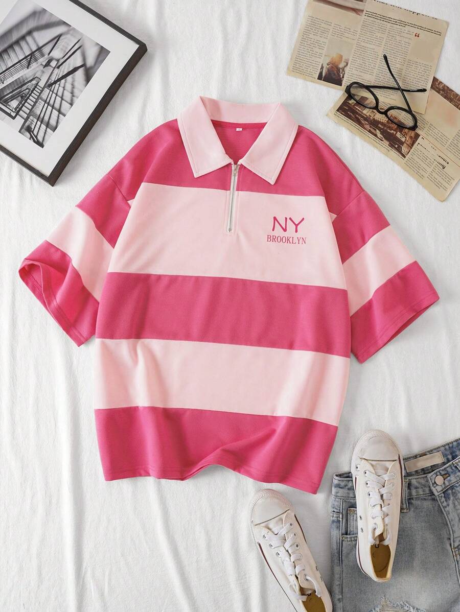 INAWLY Letter Graphic Colorblock Half Zip Tee Graphic Tees Women Tops ...