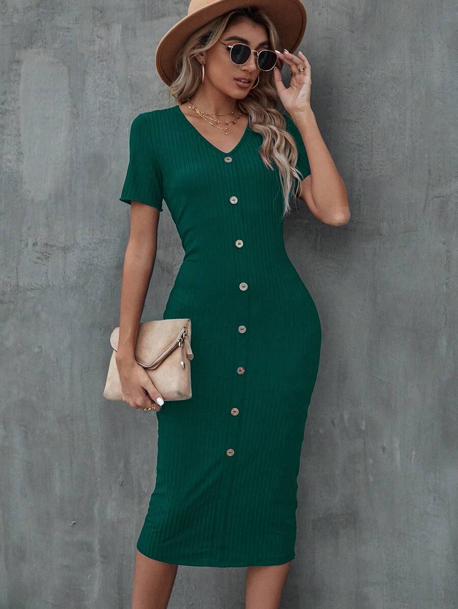 SHEIN LUNE Button Front Ribbed Knit Bodycon Dress | SHEIN USA
