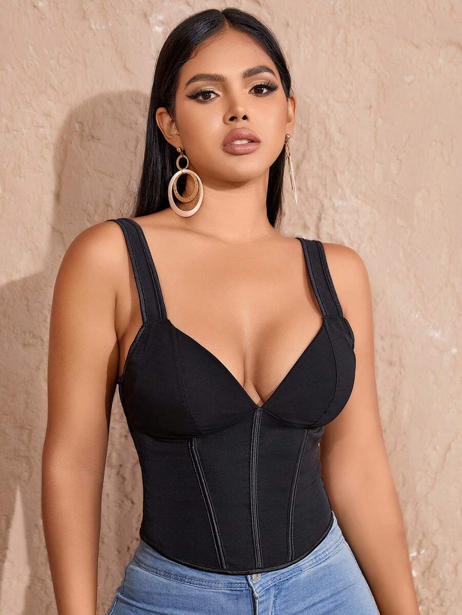 Apperloth A Solid Deep V Neck Lace Up Backless Crop Corset Top Sexy Music Festival | SHEIN USA