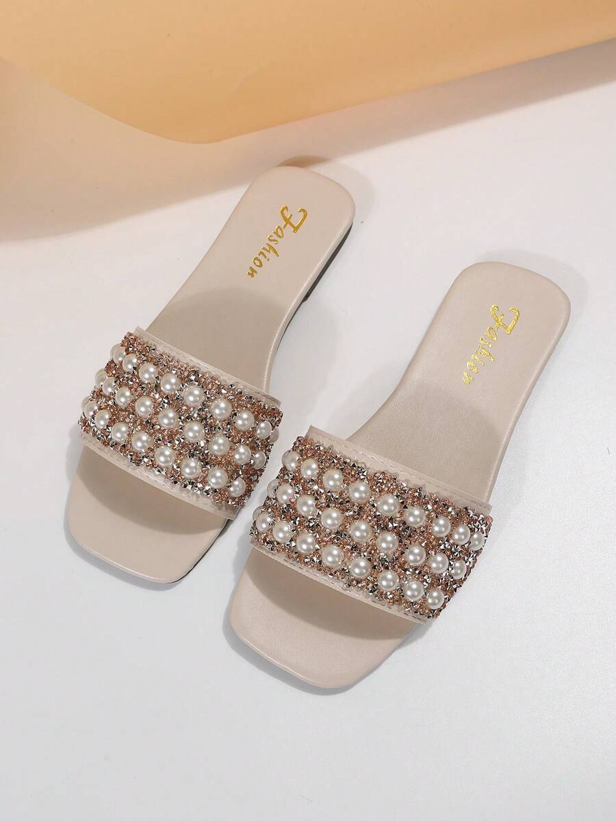 Women's Fashionable Luxurious Pearl Decoration Slippers With A Single ...