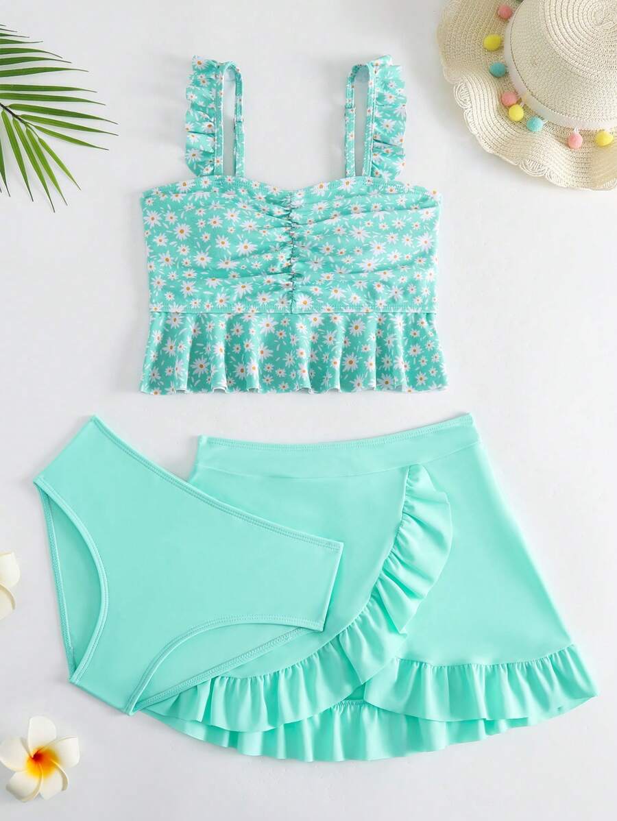 SHEIN Tween Girl Ditsy Floral Print Ruffle Hem Tankini With Beach Skirt ...