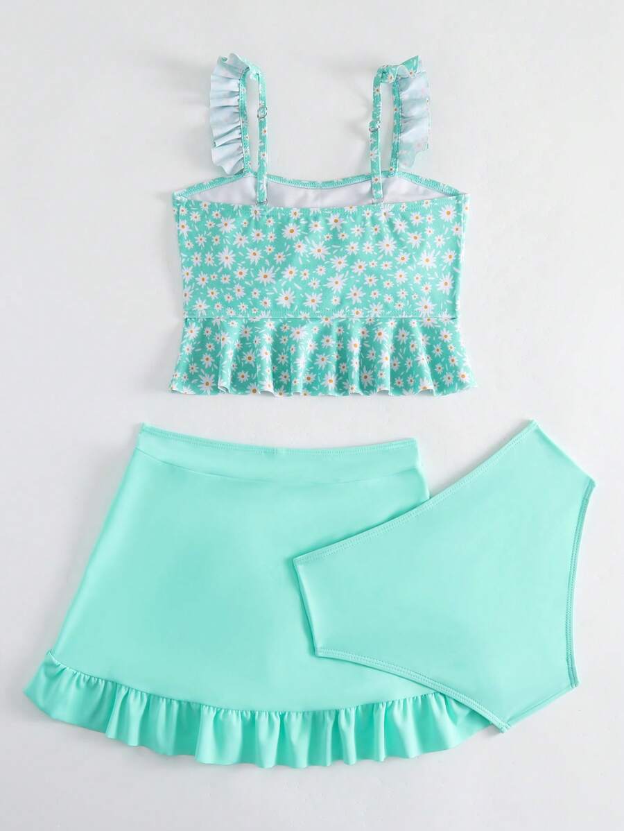 SHEIN Tween Girl Ditsy Floral Print Ruffle Hem Tankini With Beach Skirt ...
