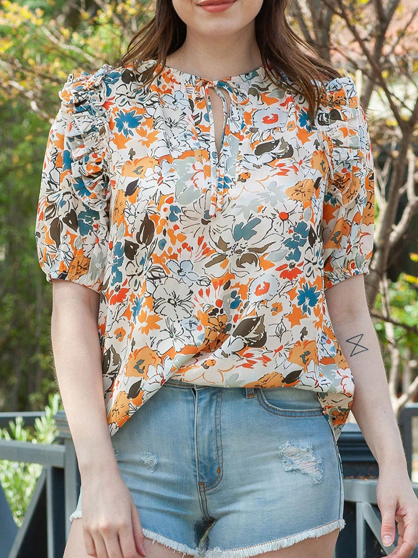 DOKOTOO Floral Print Tie Neck Ruffle Trim Blouse | SHEIN USA