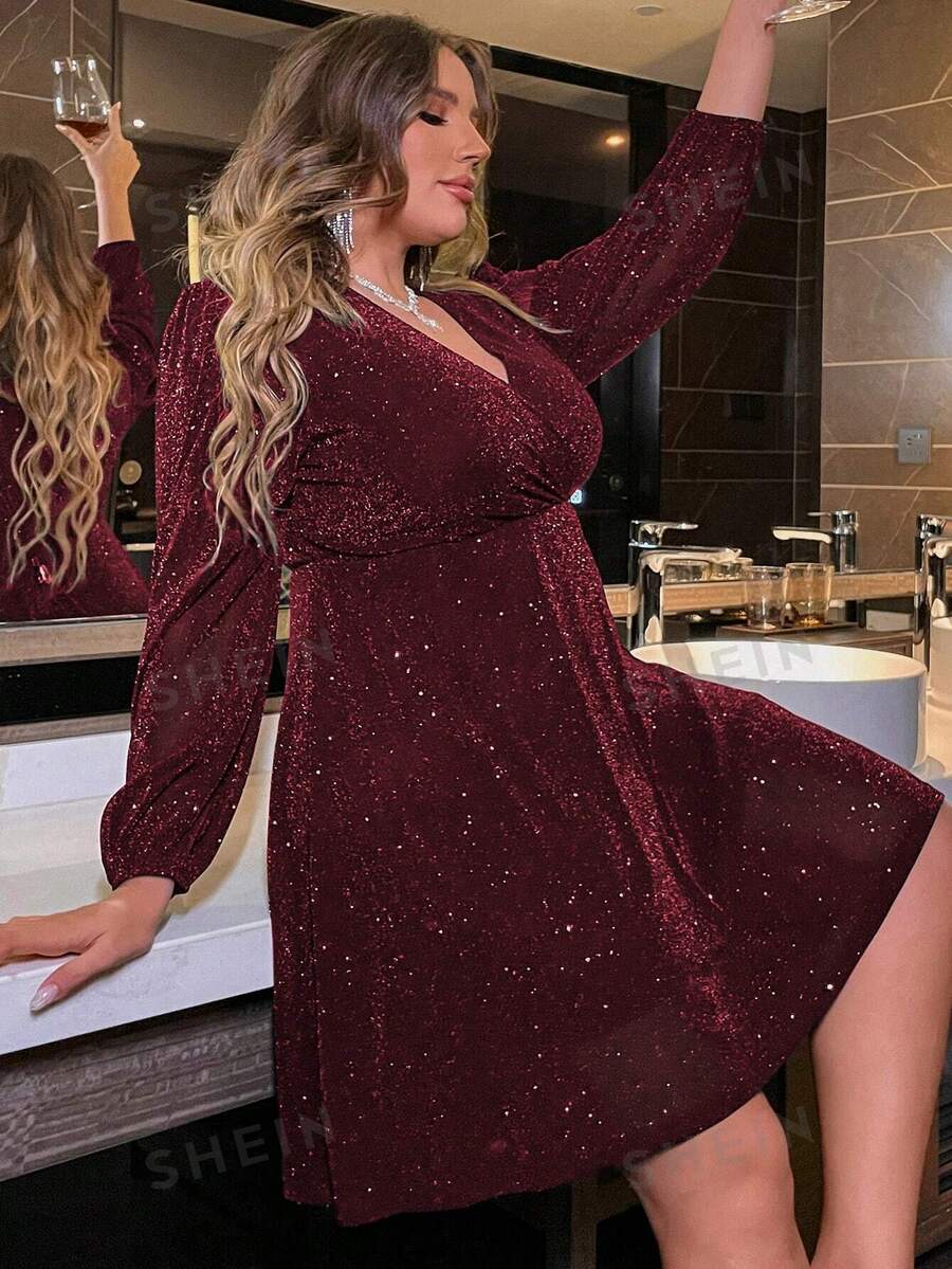 SHEIN BAE Plus Lantern Sleeve Glitter Dress | SHEIN UK