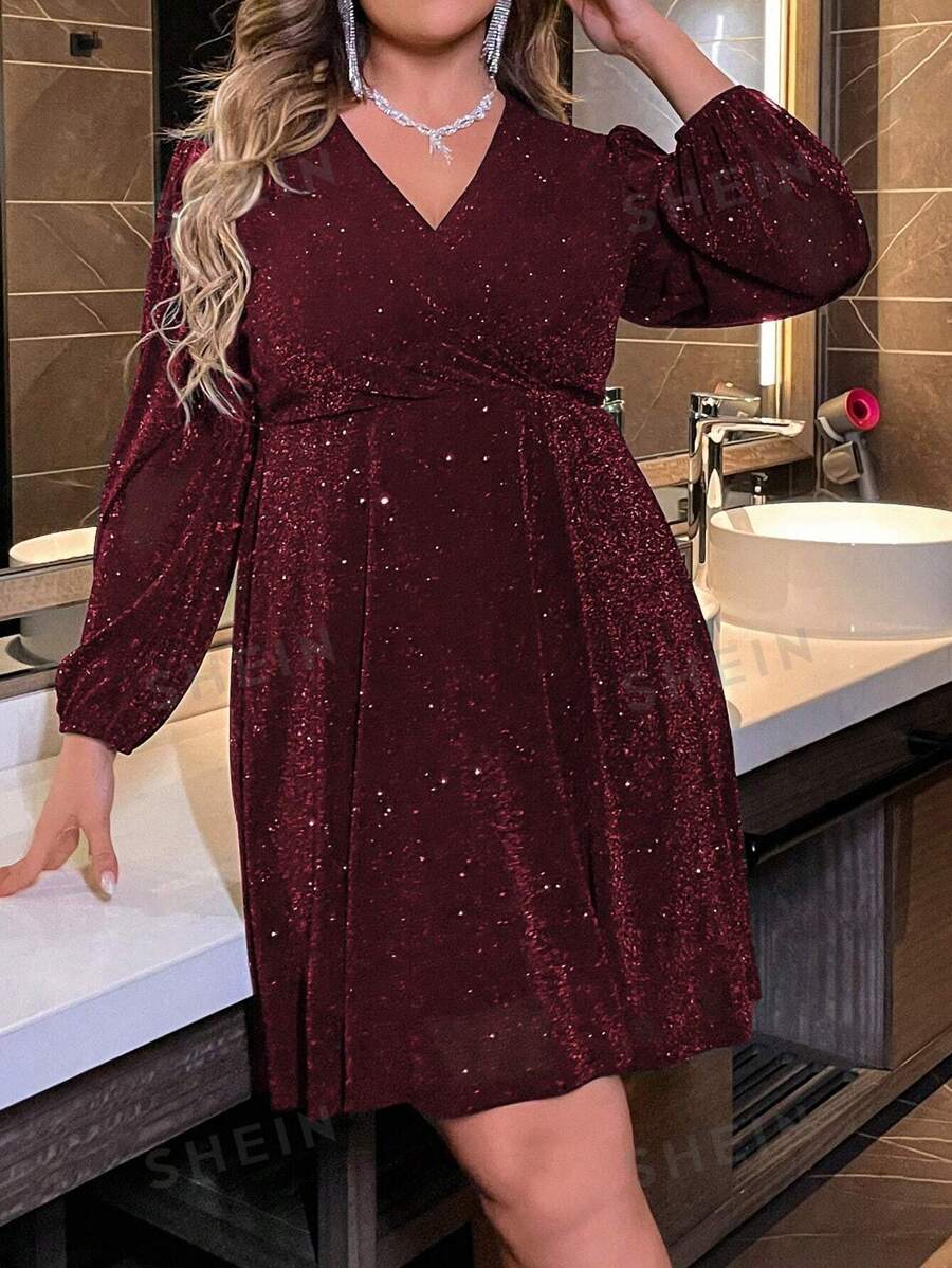 SHEIN BAE Plus Lantern Sleeve Glitter Dress | SHEIN UK
