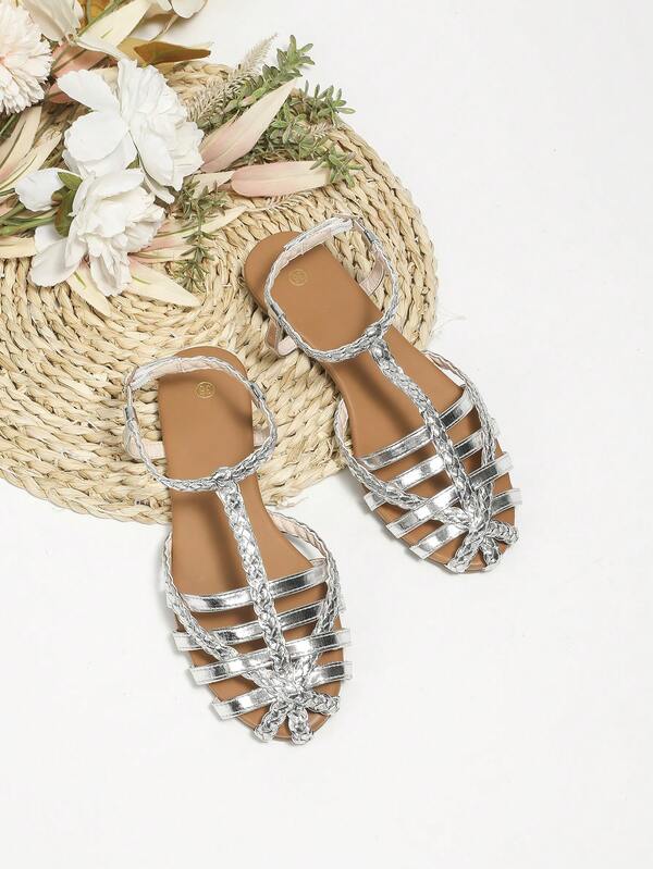 Vacation Silver Sandals For Women, Metallic Braided Detail Gladiator ...
