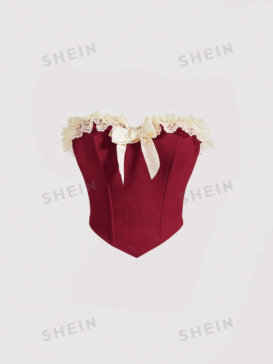 SHEIN MOD Top Rojo Con Ribete De Encaje, Lazo En La Parte Delantera ...