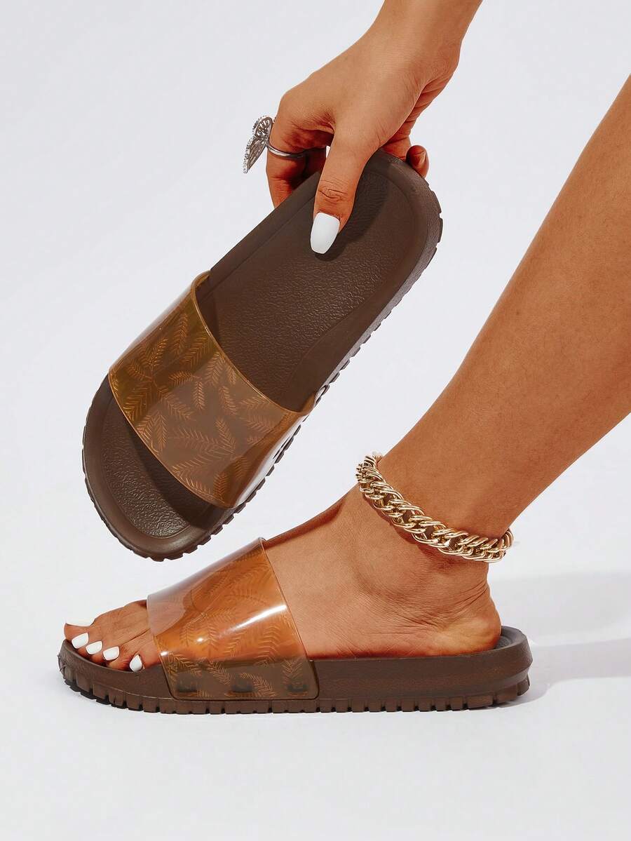 Women Leaf Pattern Slides, Fashion Summer PVC Single Band Slides ...