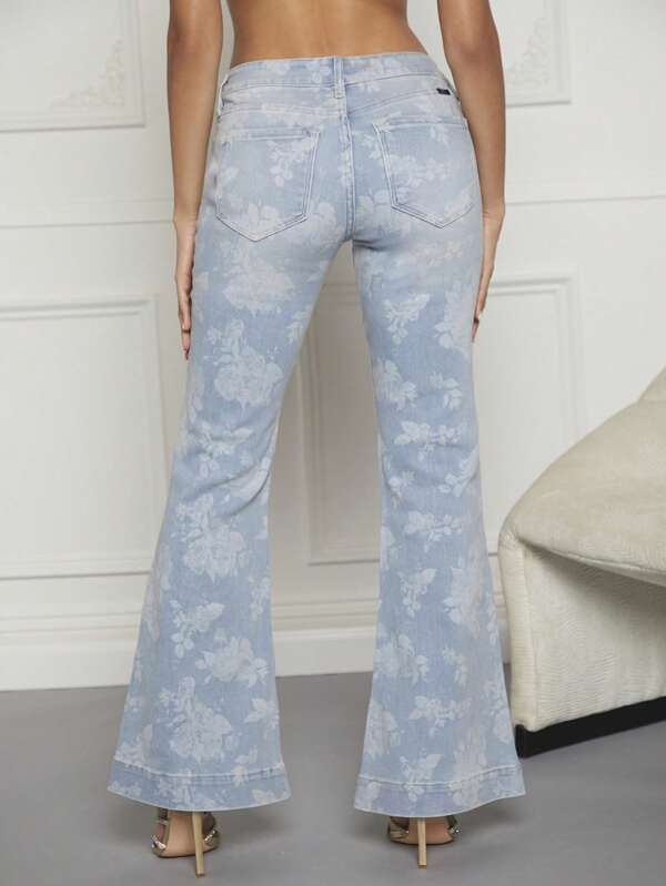Low Rise Floral Printed Flare Jeans | SHEIN USA
