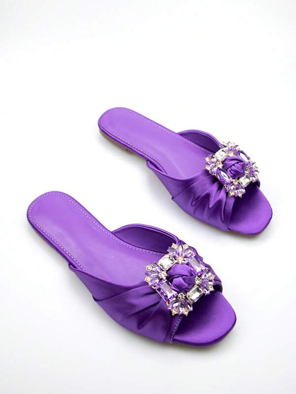 Glamorous Slide Sandals For Women, Satin Rhinestone Decor Knot Detail ...