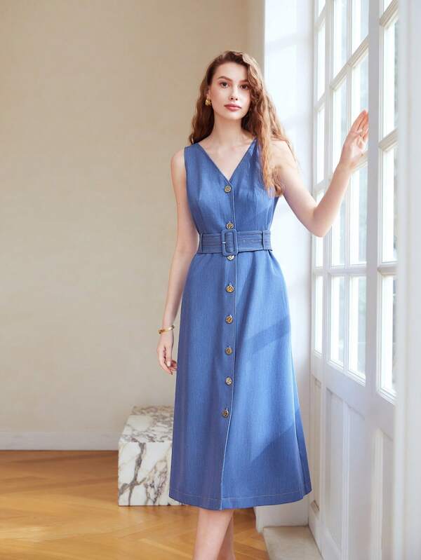 MOTF PREMIUM BELTED SLEEVELESS MIDI DRESS | SHEIN USA