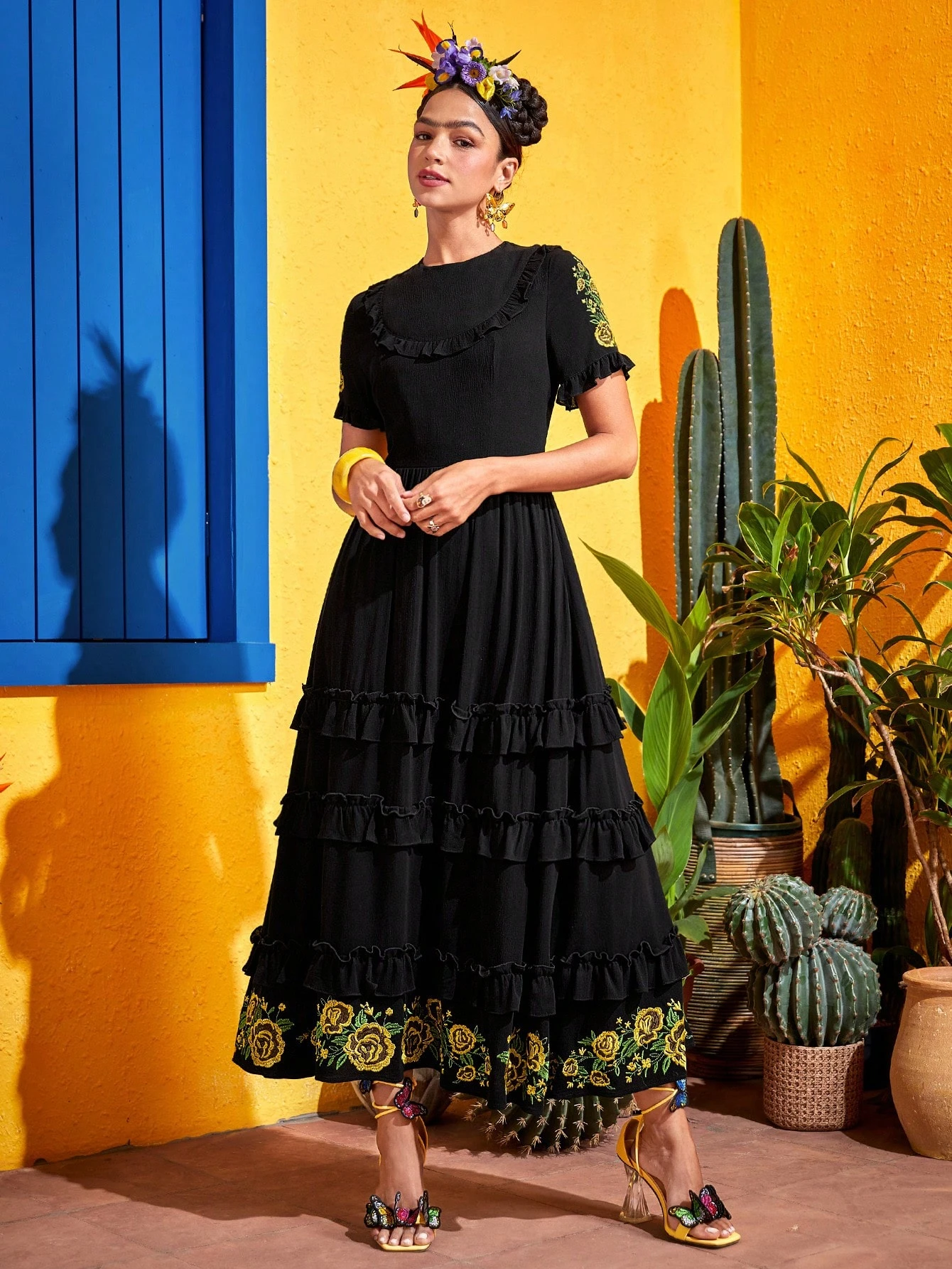 Frida Kahlo X SHEIN X Designer Miranda Gaviño Floral Embroidery Ruffle ...